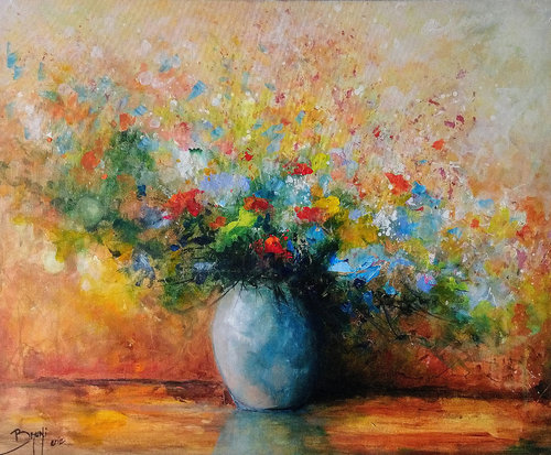 Fleurs rouges au vase blanc by Eric Bruni (2018) : Painting Acrylic ...