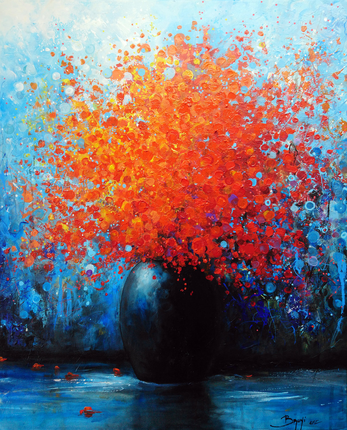 Fleurs rouges au vase noir by Eric Bruni (2018) : Painting Acrylic, Oil ...