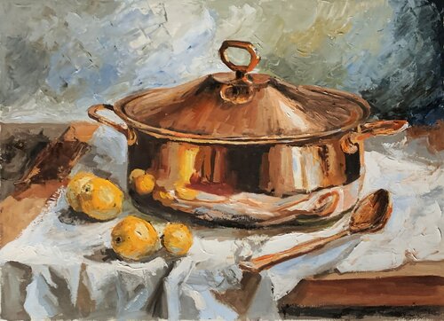 Copper Pot with lemons, still life. by Vita Schagen (2024) : Painting ...