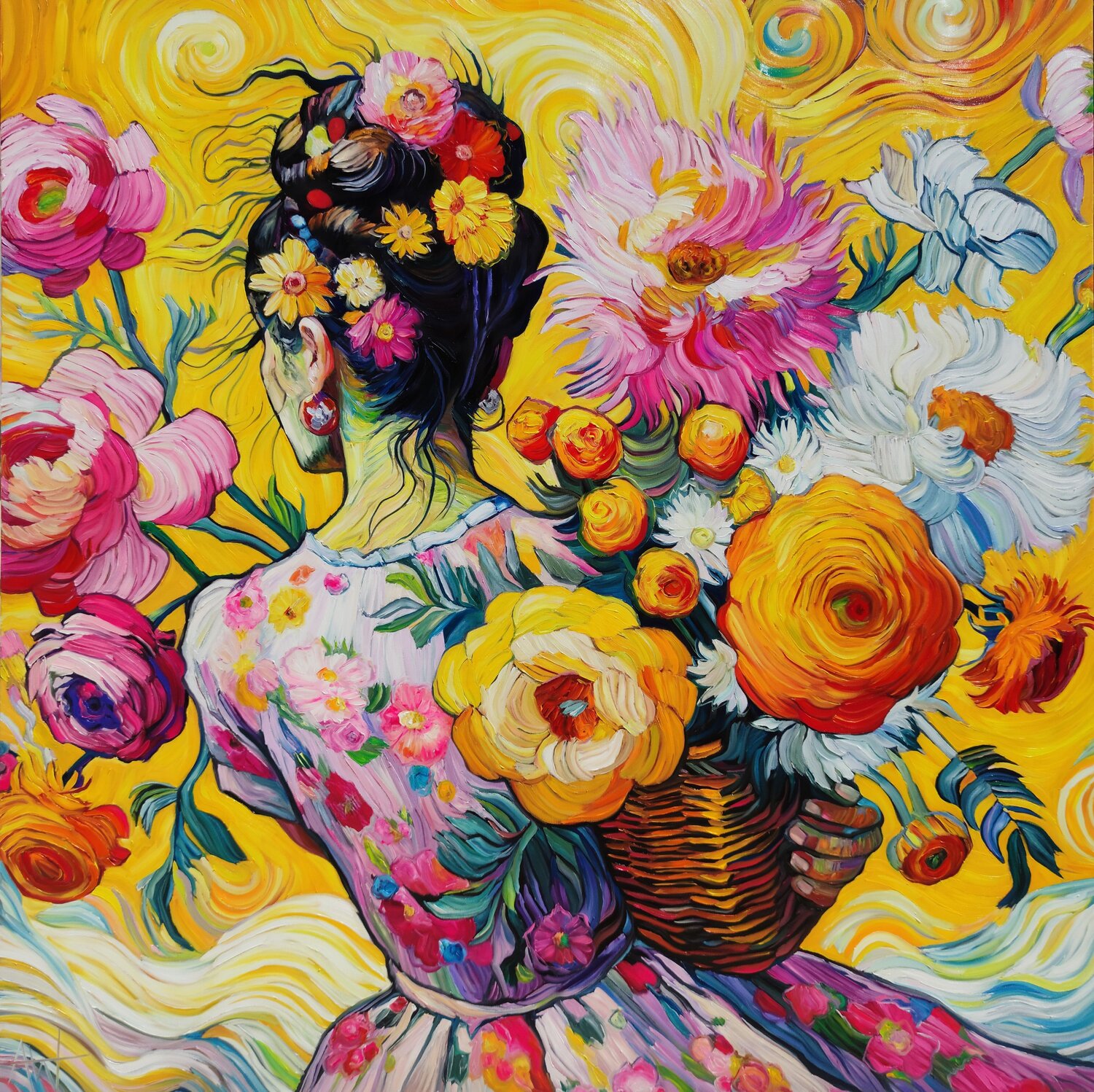 Persephone in Bloom - Floral Portrait de Angie Wright (2025): Pintura Óleo en Lienzo - Singulart