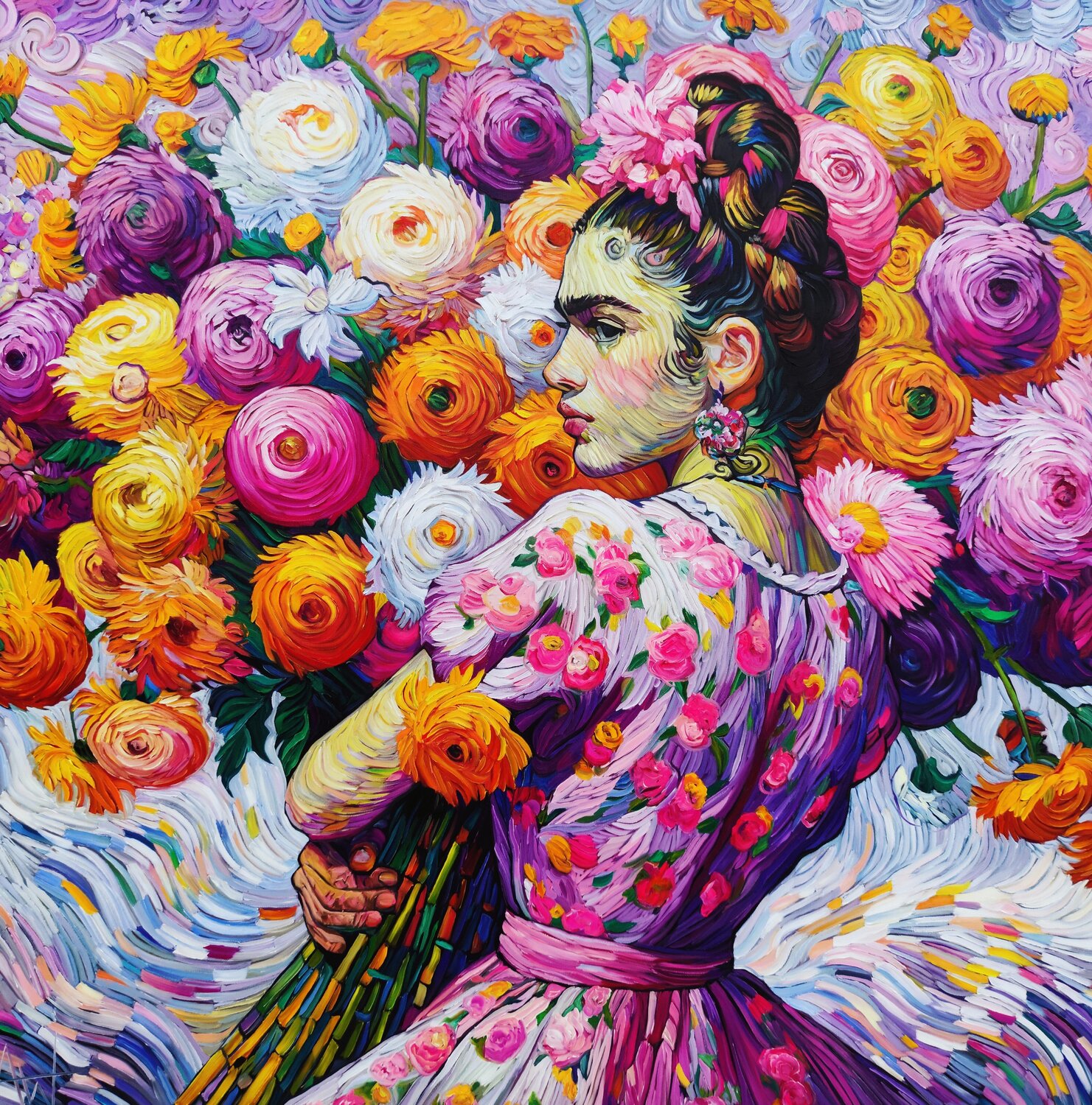 Xochi in Bloom - Floral Portrait with Bold Color and Texture, Large Oil Painting de Angie Wright ...