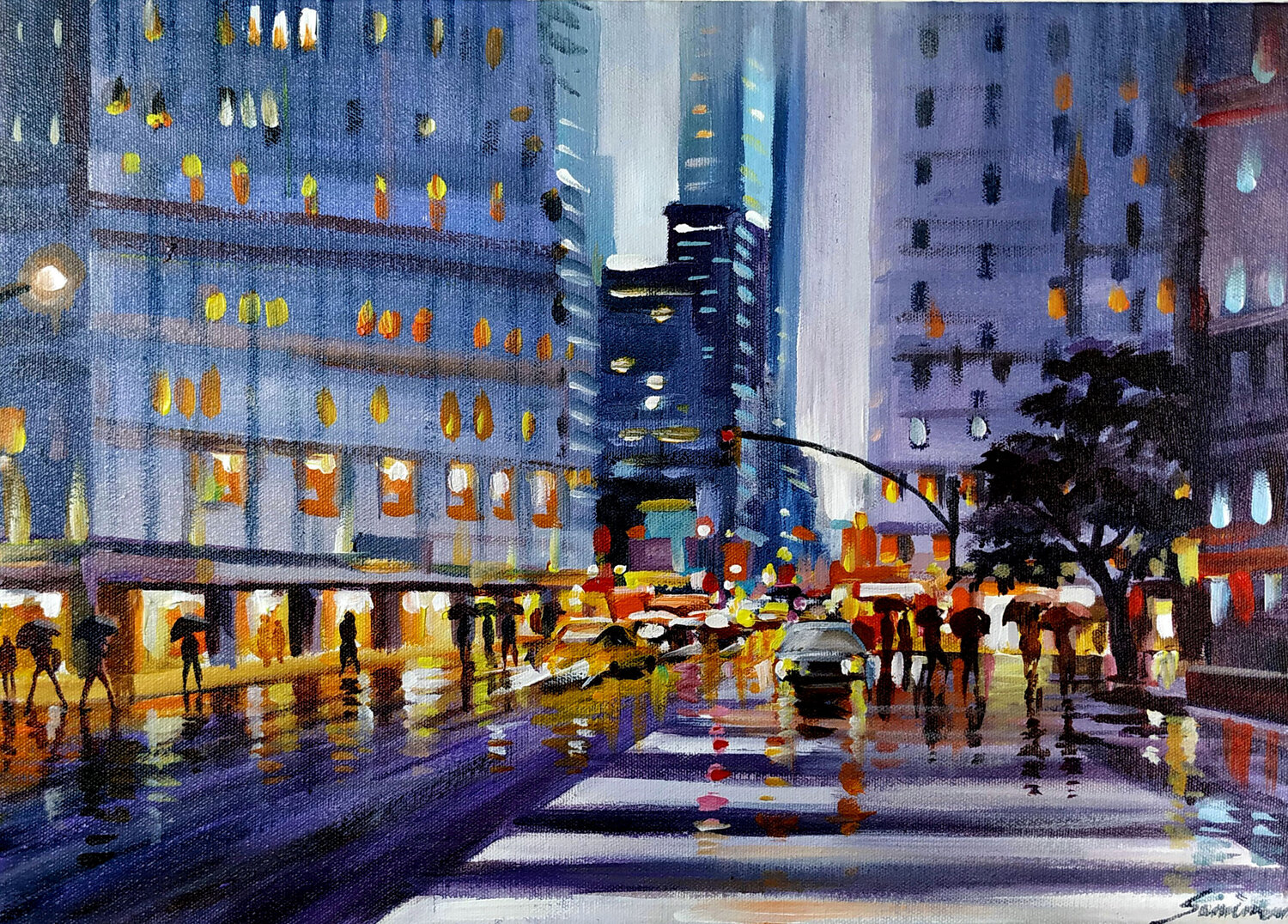 Rainy Street At Night Painting