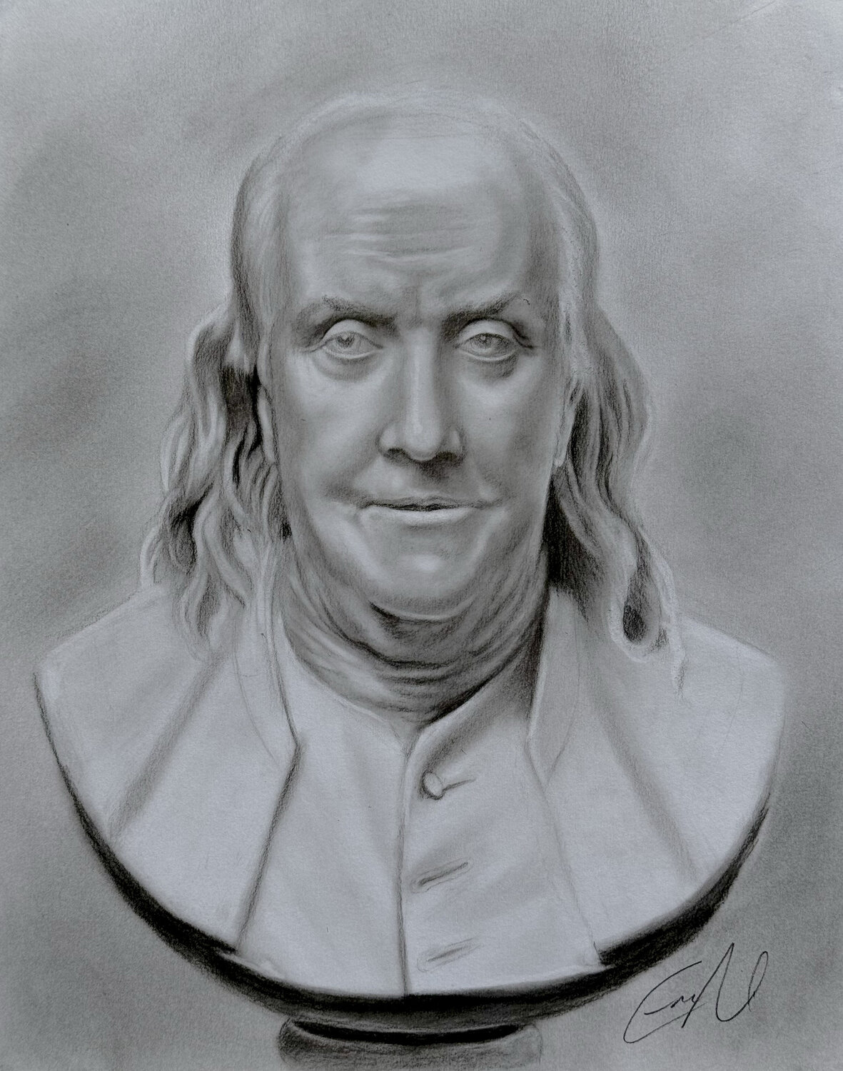 Sculptural Bust Portrait of Benjamin Franklin von Eric Armusik (2024): Zeichnungen Kohle auf ...