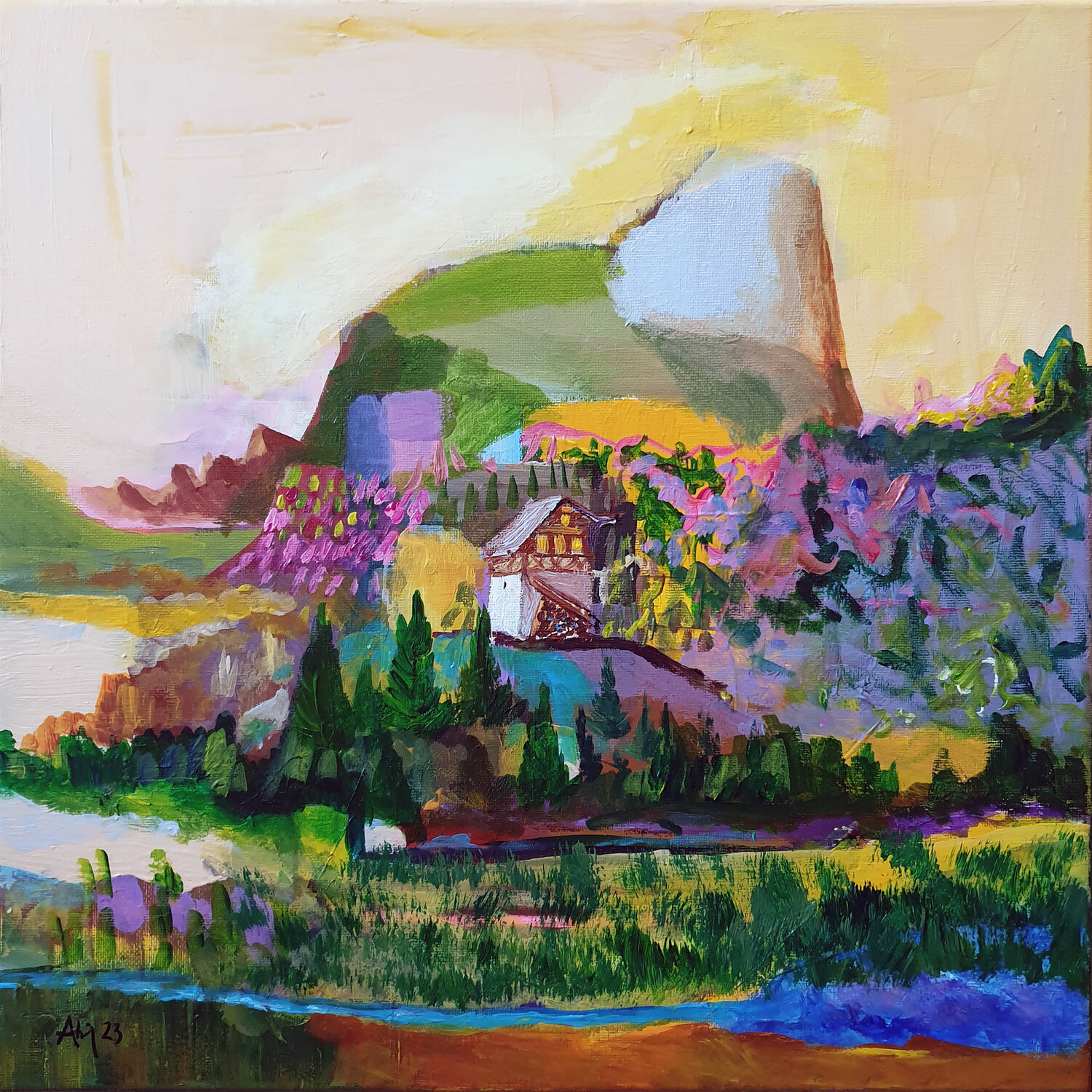 Paysage de montagne avec chalet by Philippe Abril (2023) : Painting Acrylic on Canvas - Singulart