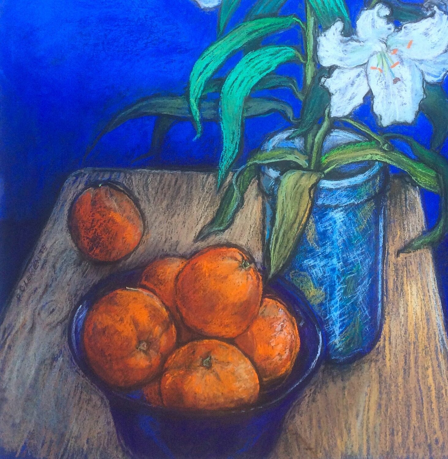 Lilly and oranges on a cobalt blue background still life pastel von ...