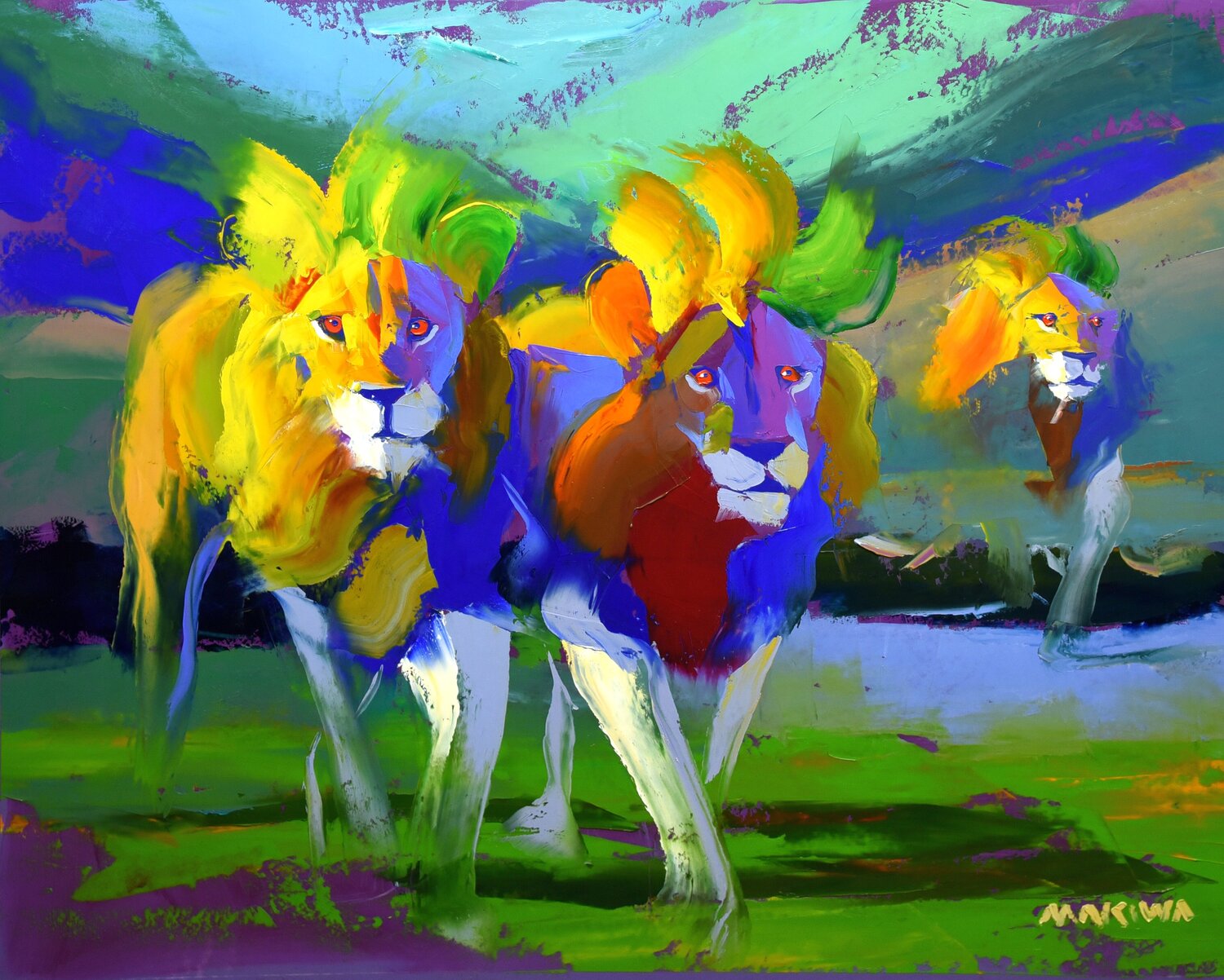 Sunset Hunters von Makiwa Mutomba (2023): Malerei Öl auf Leinwand ...