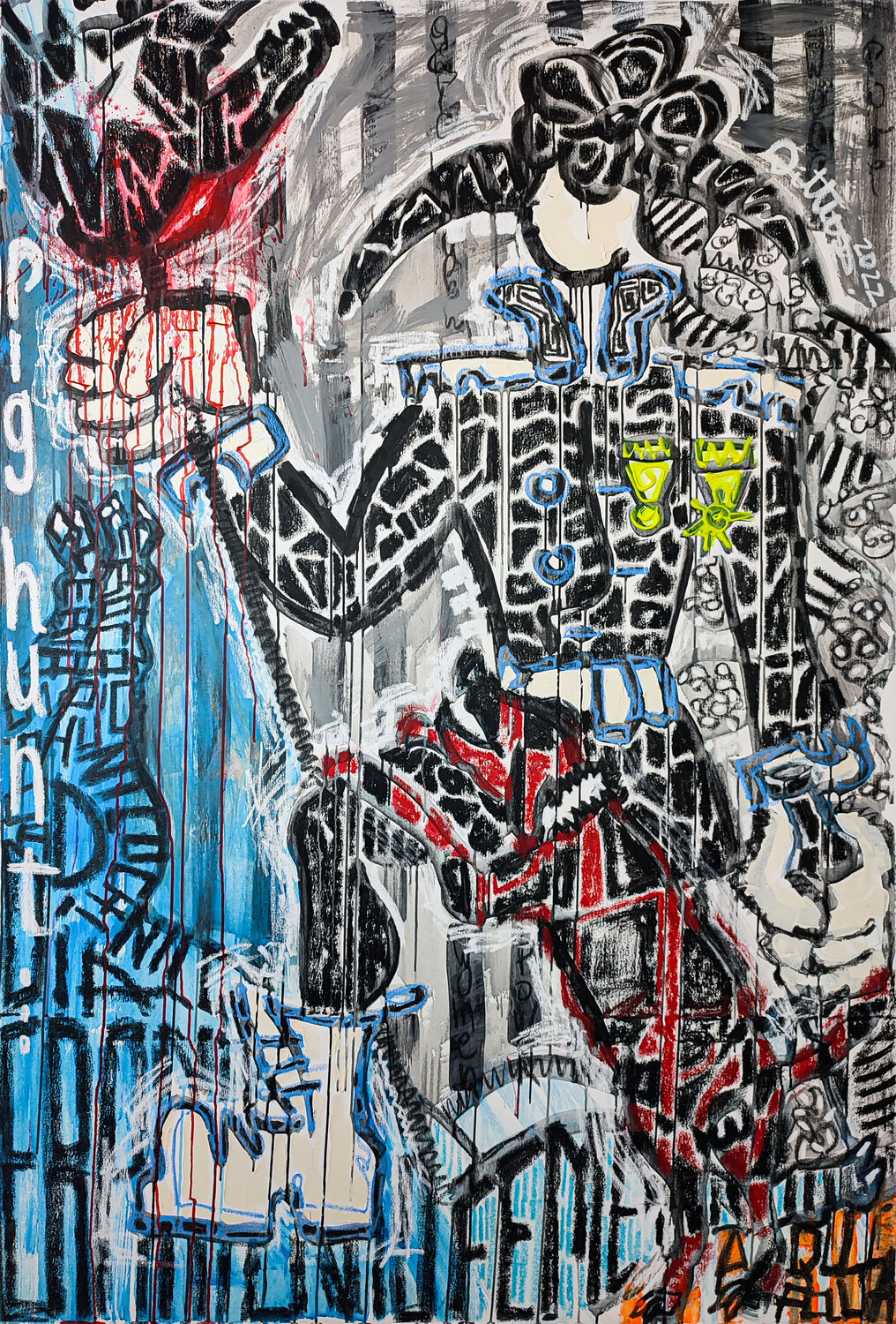 Pig hunt by Christian Dittus (2022) : Painting Acrylic, Oil Pastel on Canvas - Singulart