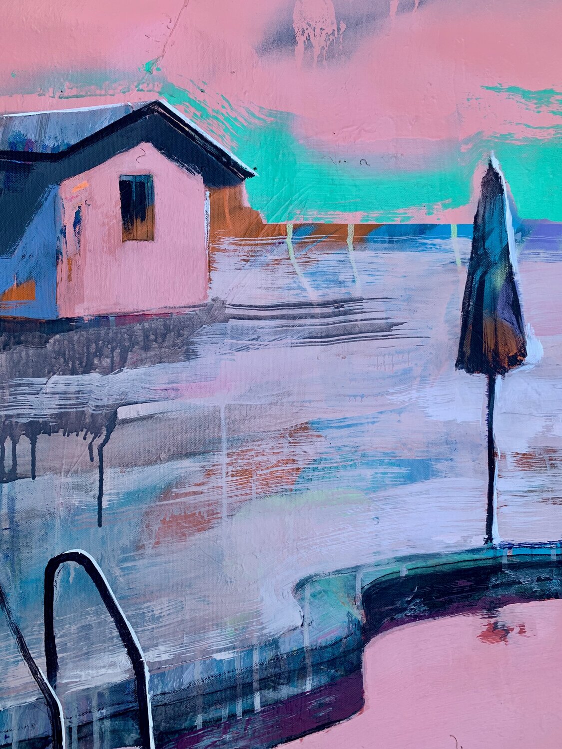 XXXL Large Painting - "Pink pool" - House - Urban - Pink ...