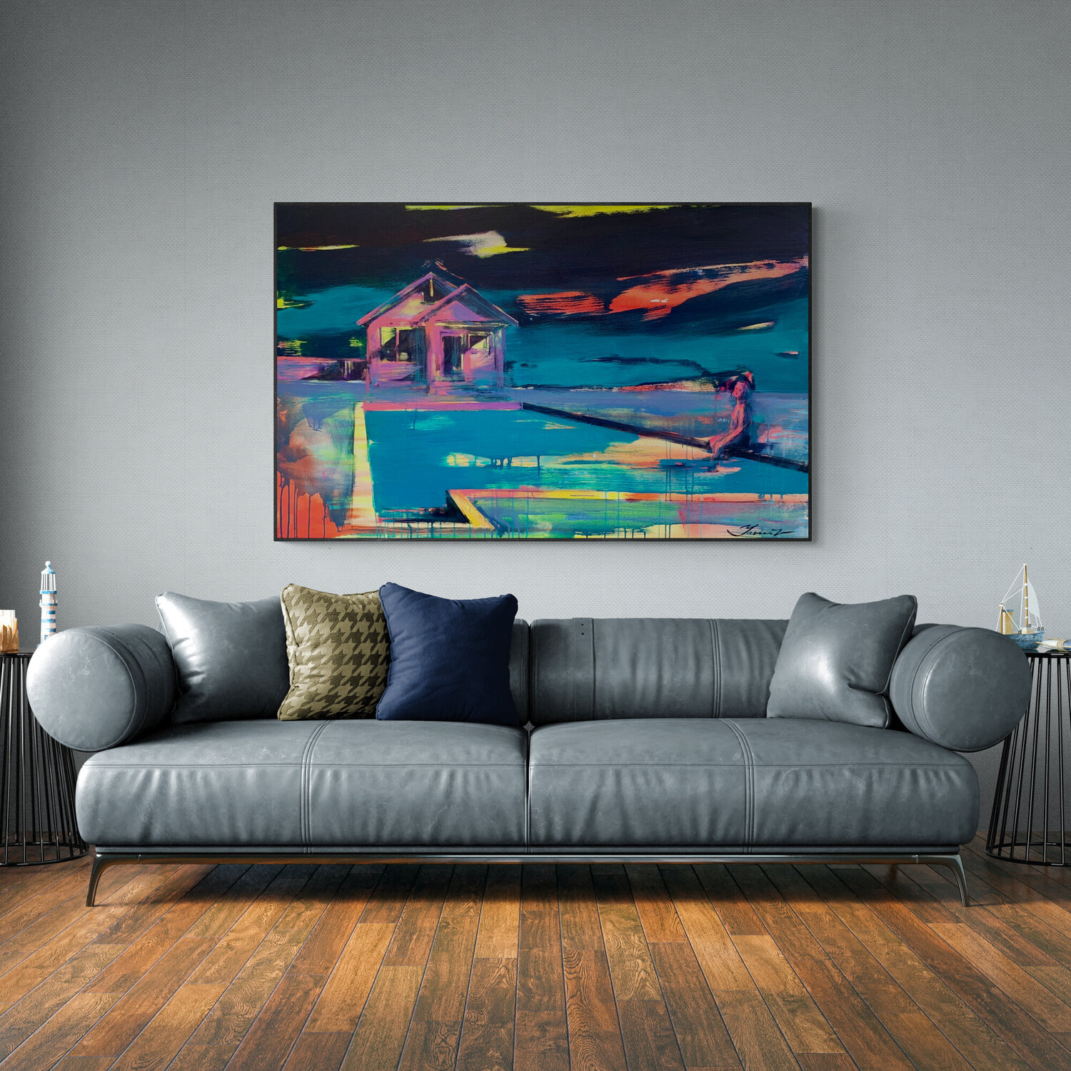 XXXL Large Painting - "Before the rain" - House - Urban - Blue ...
