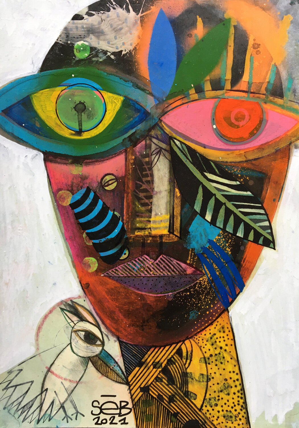 Mata Koko 1 by Seb (2021) : Work on Paper Acrylic, Collage on Cardboard ... Mata Koko 1 by Seb (2021) : Work on Paper Acrylic, Collage on Cardboard ...