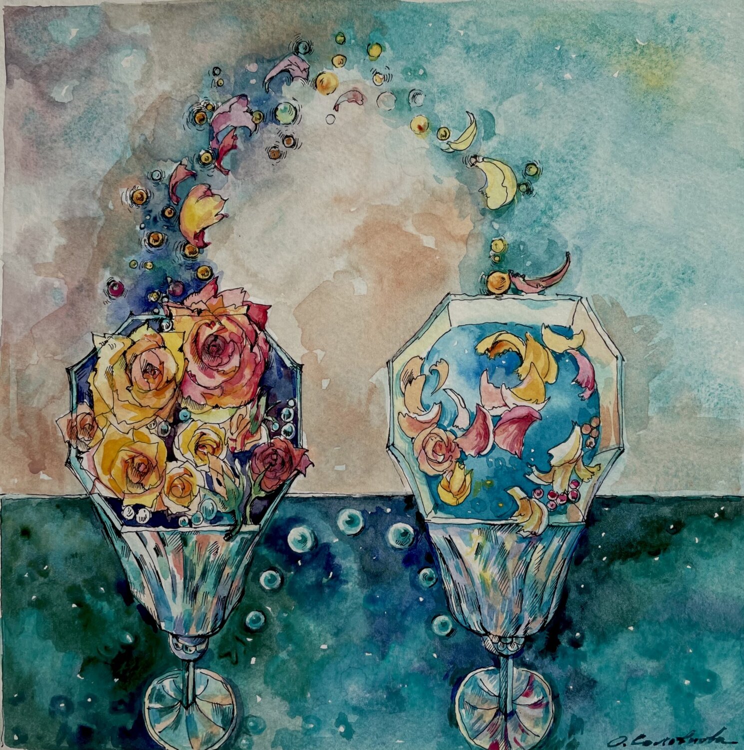 ,,Equilibrium,, - small watercolour painting -BLUE PEARLS-Still life ...