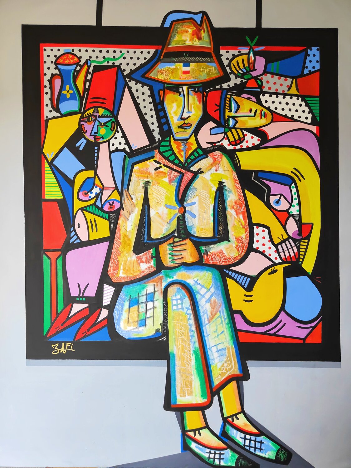 Assis sur son oeuvre by Zafi (2022) : Painting Oil on Canvas - Singulart