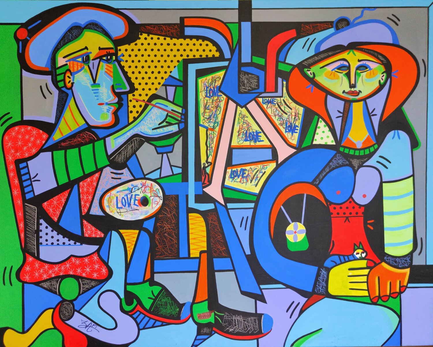 le peintre, muse et son chat by Zafi (2023) : Painting Acrylic on ...