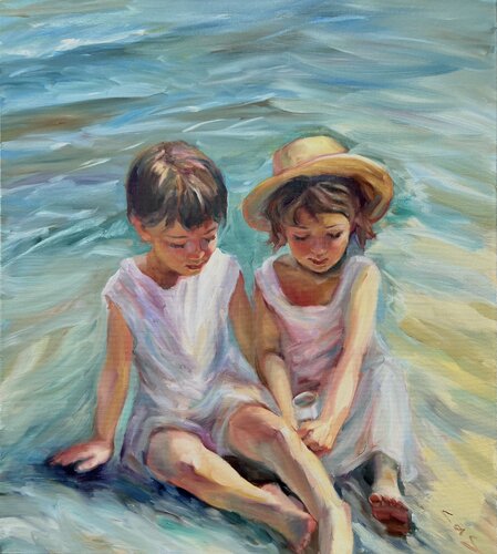 Children on the beach by Liubou Sas (2025) : Painting Oil on Linen ...
