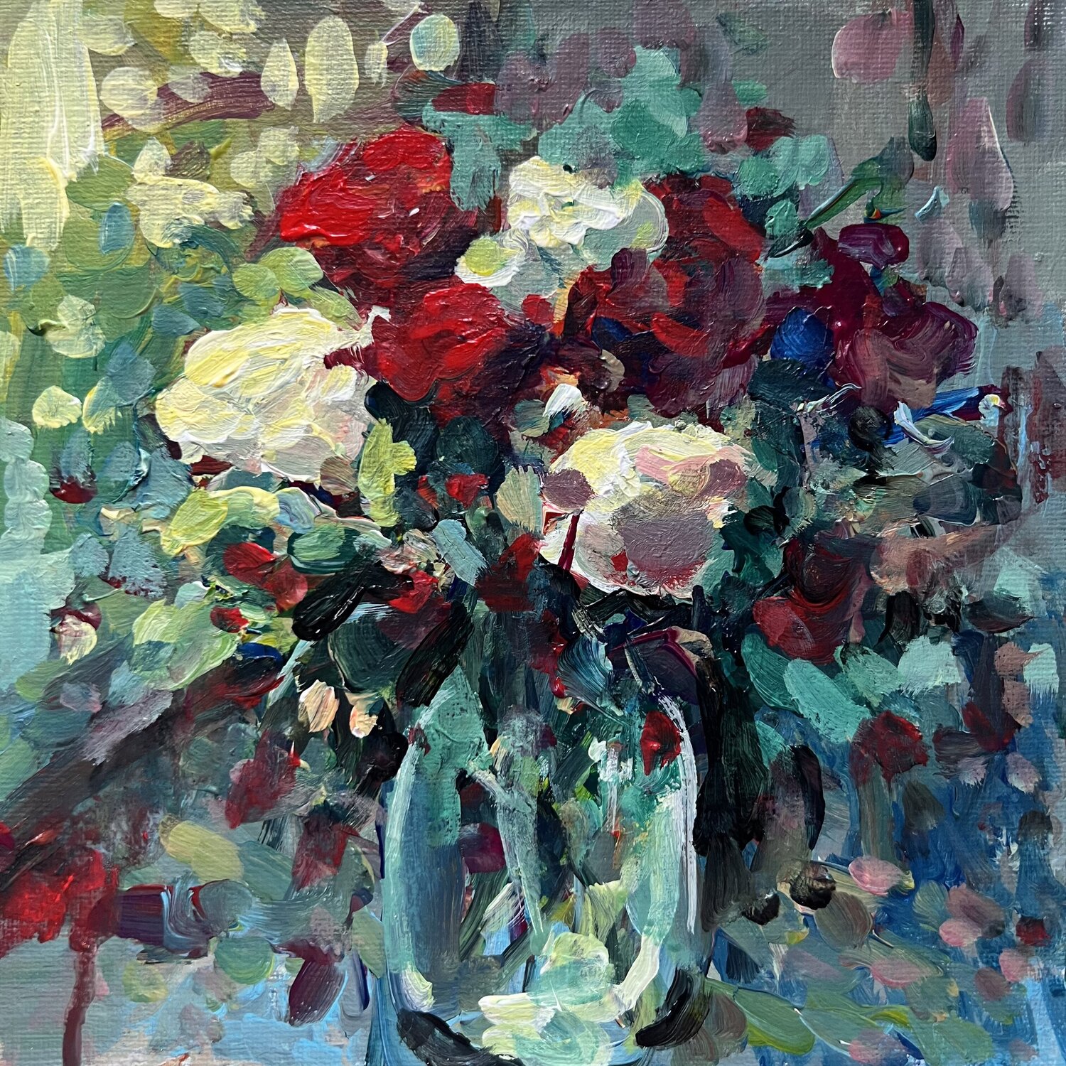 White and red roses by Liubou Sas (2023) : Painting Acrylic on Canvas ...