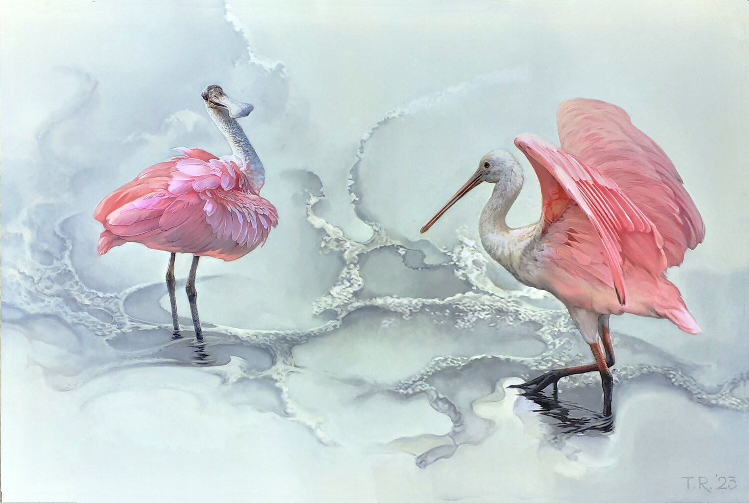 2 ROSEATE SPOONBILLS / "LA COQUETTE" von Tatiana Rezvaya (2023): Malerei Öl auf Leinwand - Singulart