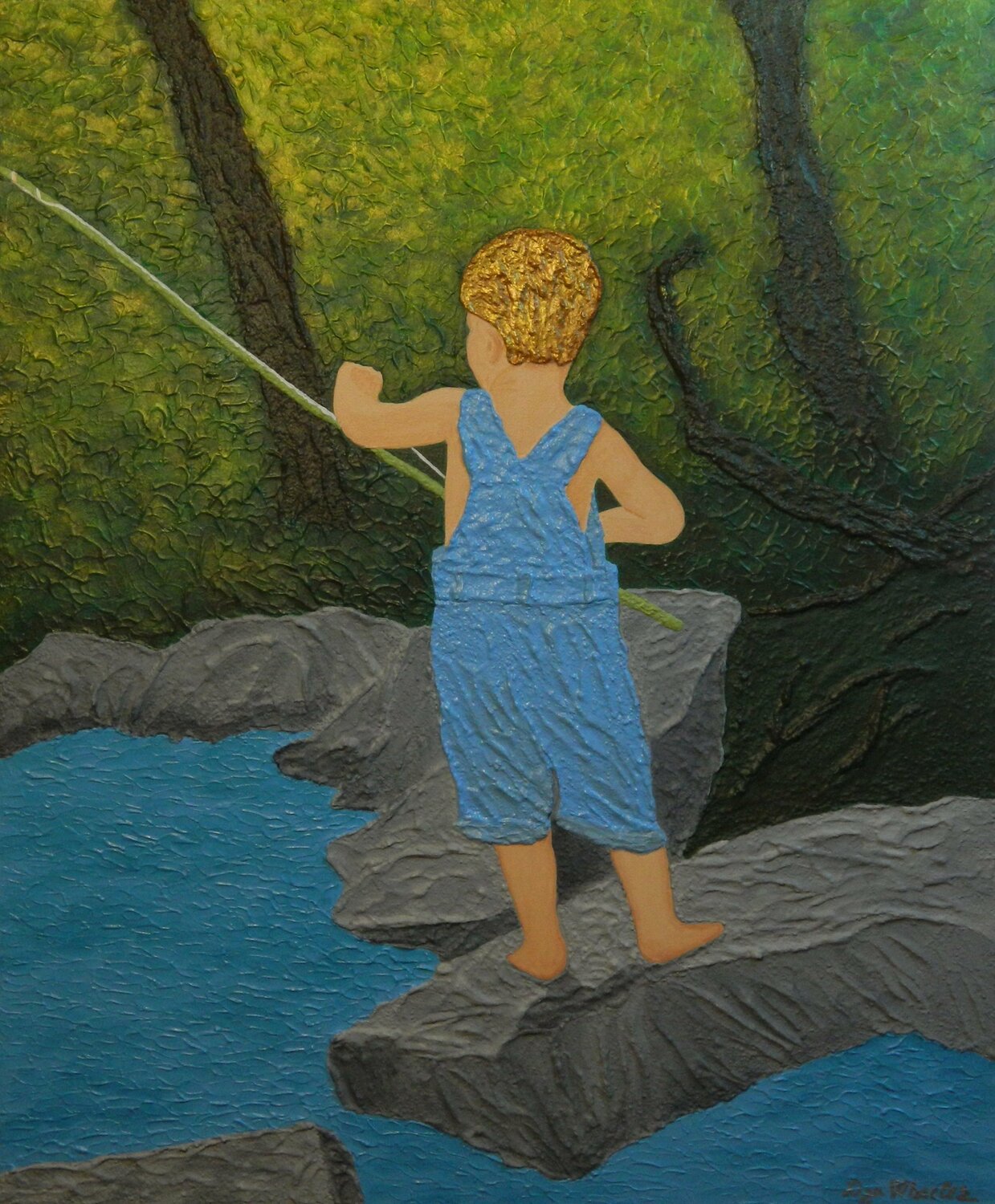 Little Angler at Work - little boy fishing adventure; original, unique ...
