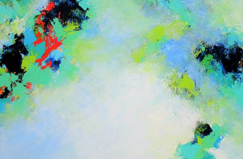 Abstract Painting on Canvas with 3D Texture. Bright Colors, Blue Green ...