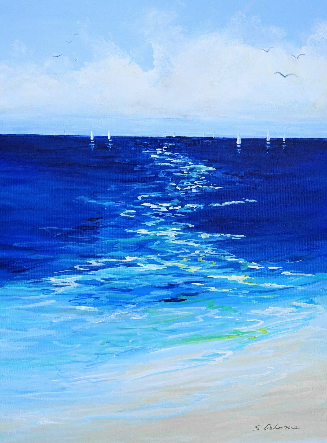 Abstract Seascape Coastal Painting. Sailboats, Beach, Ocean, Sea Waves ...