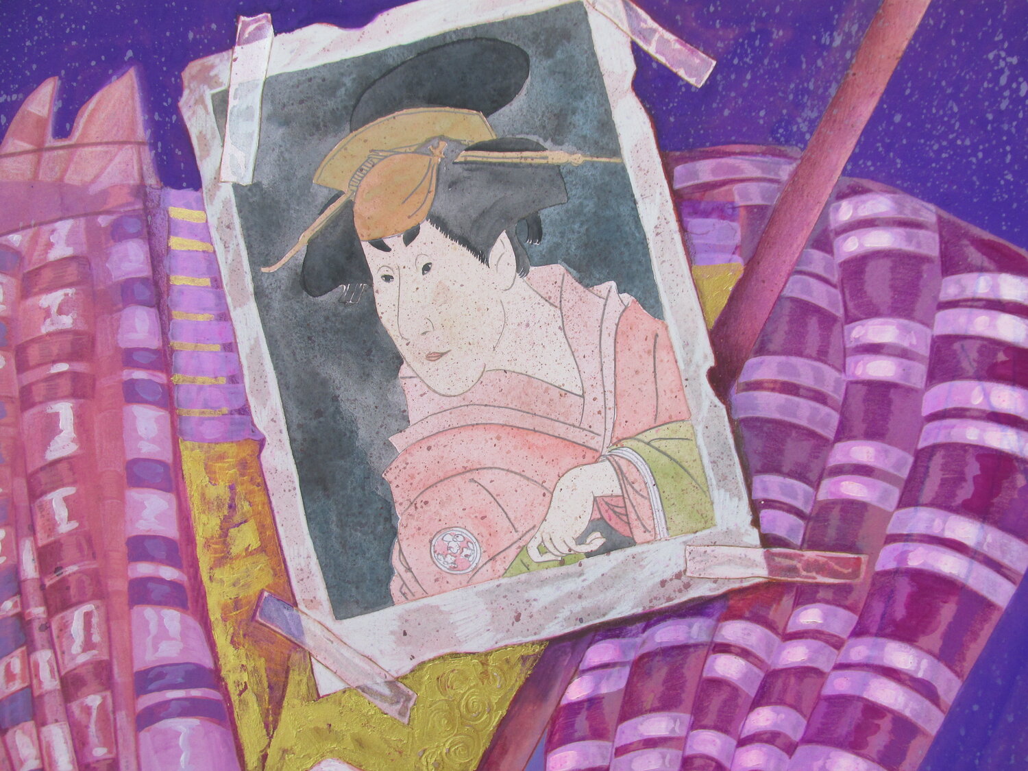 KABUKI PINK AND PURPLE by Luis Cohen Fusé (N.D) : Work on Paper Collage, Watercolor on Cardboard ...