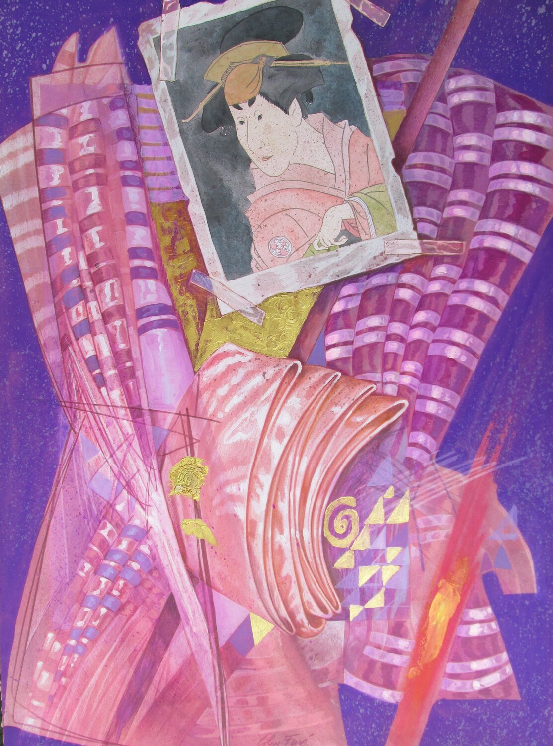 KABUKI PINK AND PURPLE by Luis Cohen Fusé (N.D) : Work on Paper Collage, Watercolor on Cardboard ...