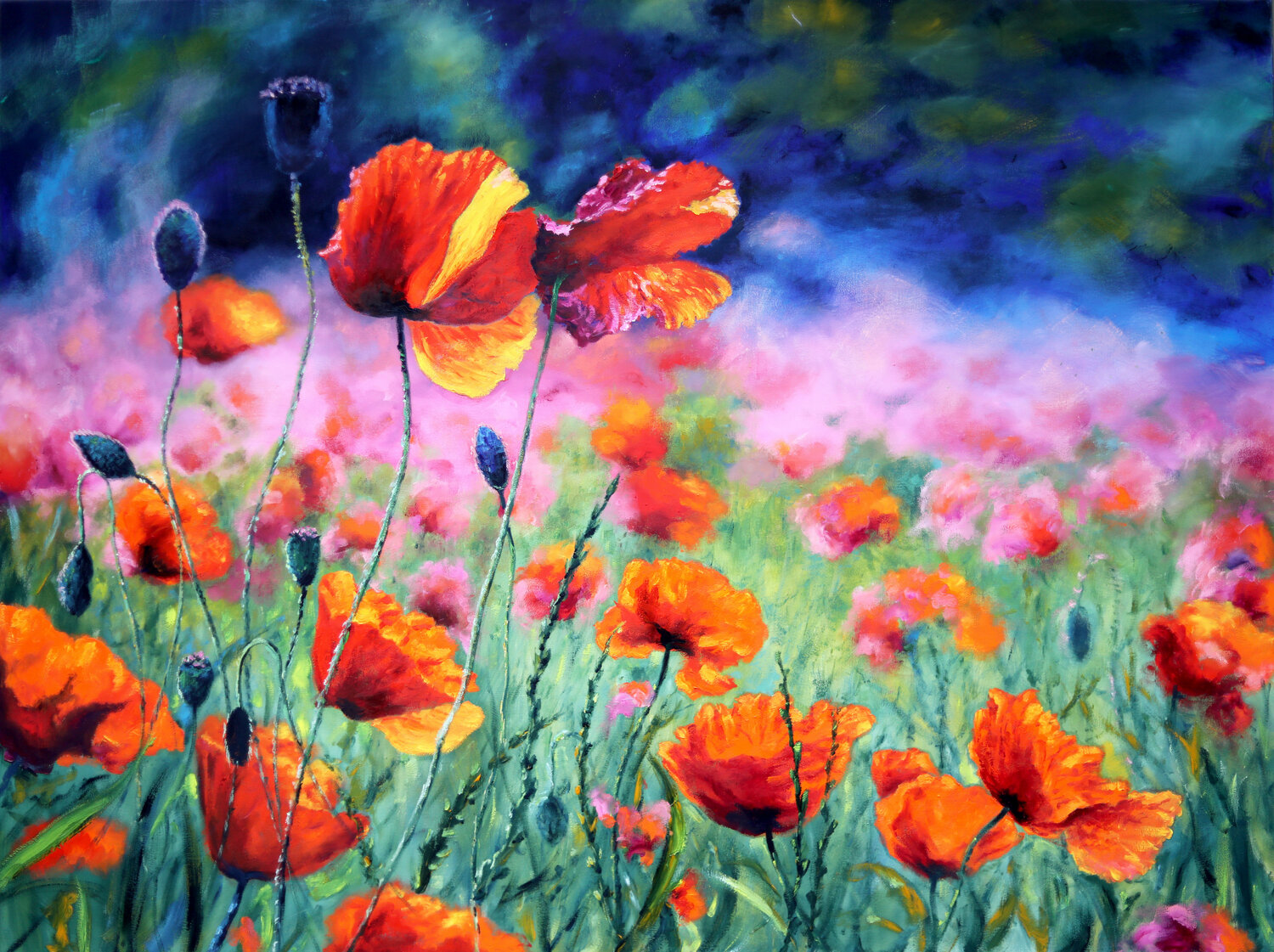 Mohn im blauen Bokeh von Dusko Pavic (2020): Malerei Öl auf Leinwand ...