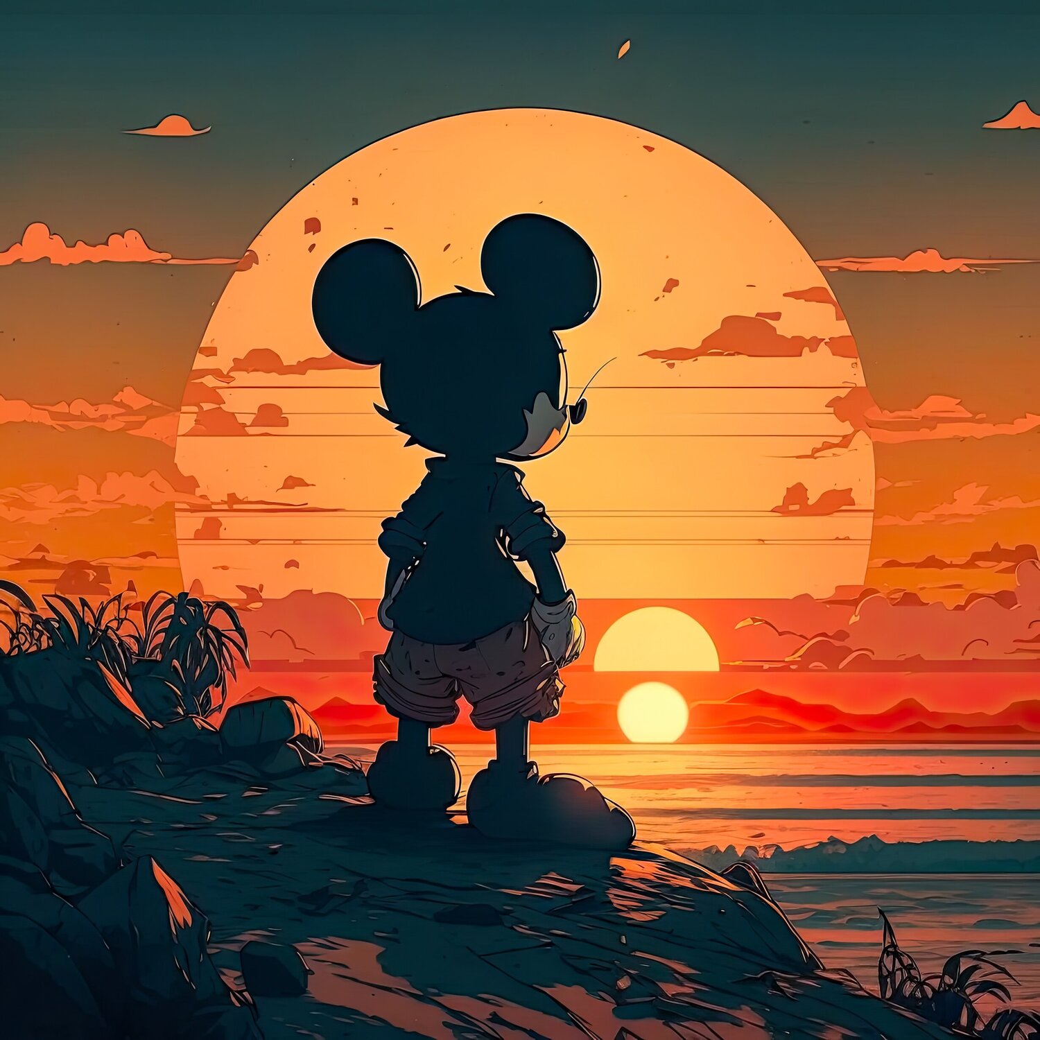 Mickey Mouse at sunset von Cheeky Bunny (2023): Malerei Tinte auf ...