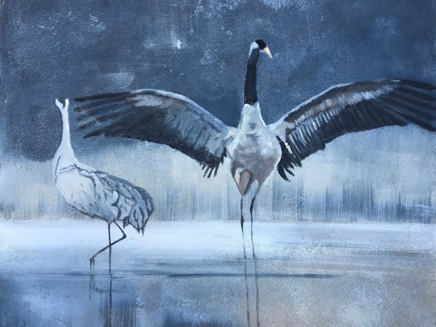 Aufbruch der Kraniche IV von Gabriela Akari (2020): Malerei Acryl, Sand auf Leinwand - Singulart