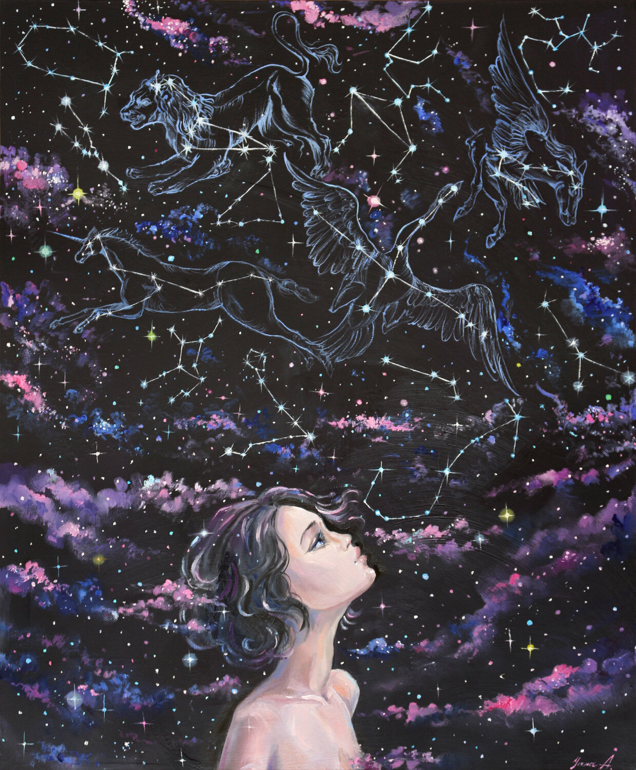 "Constellations" - woman portrait and night starry sky with constellations, oil painting by Yana ...