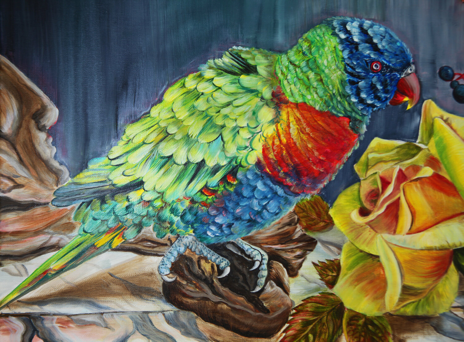 Still life with Parrot, yellow rose and strange eyes. Wild black grape ...