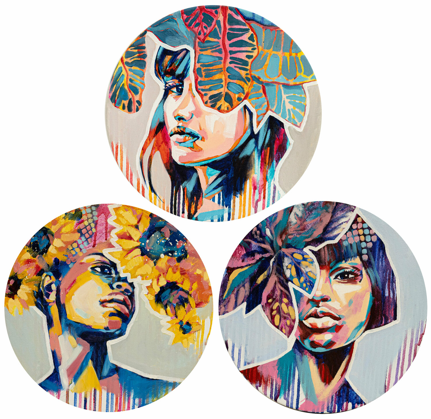 INIMITABLE WOMAN– Triptych wall art, small round canvas, female ...