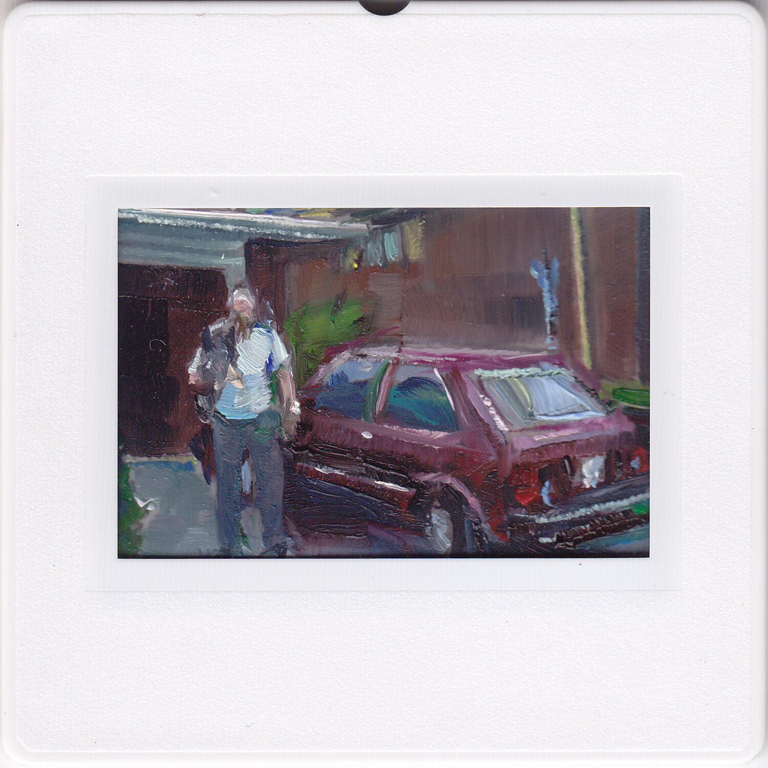 Man with dog and Honda von Matthew Schofield (2020): Malerei Öl auf Plexiglas - Singulart