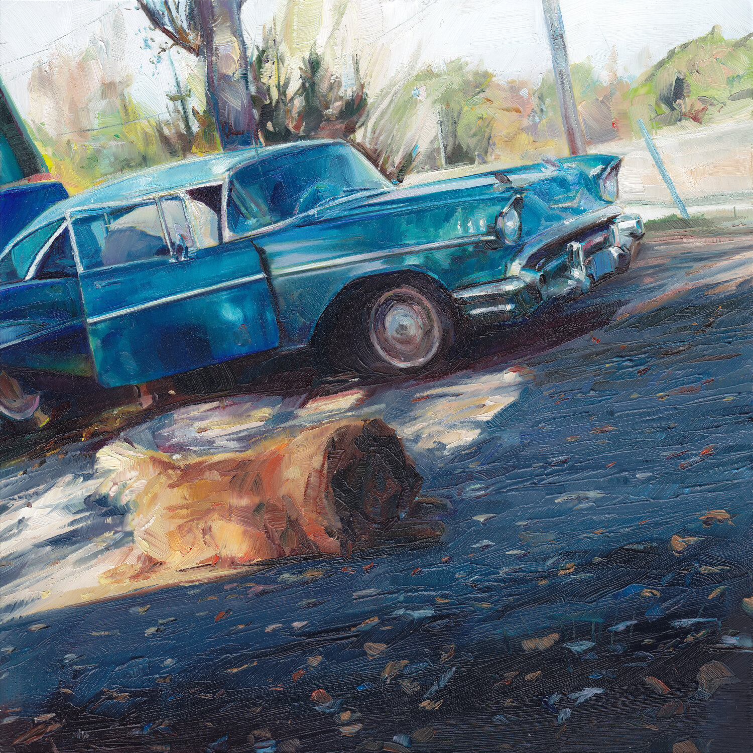Blue car and dog by Matthew Schofield (2014) : Painting Oil on Wood ...