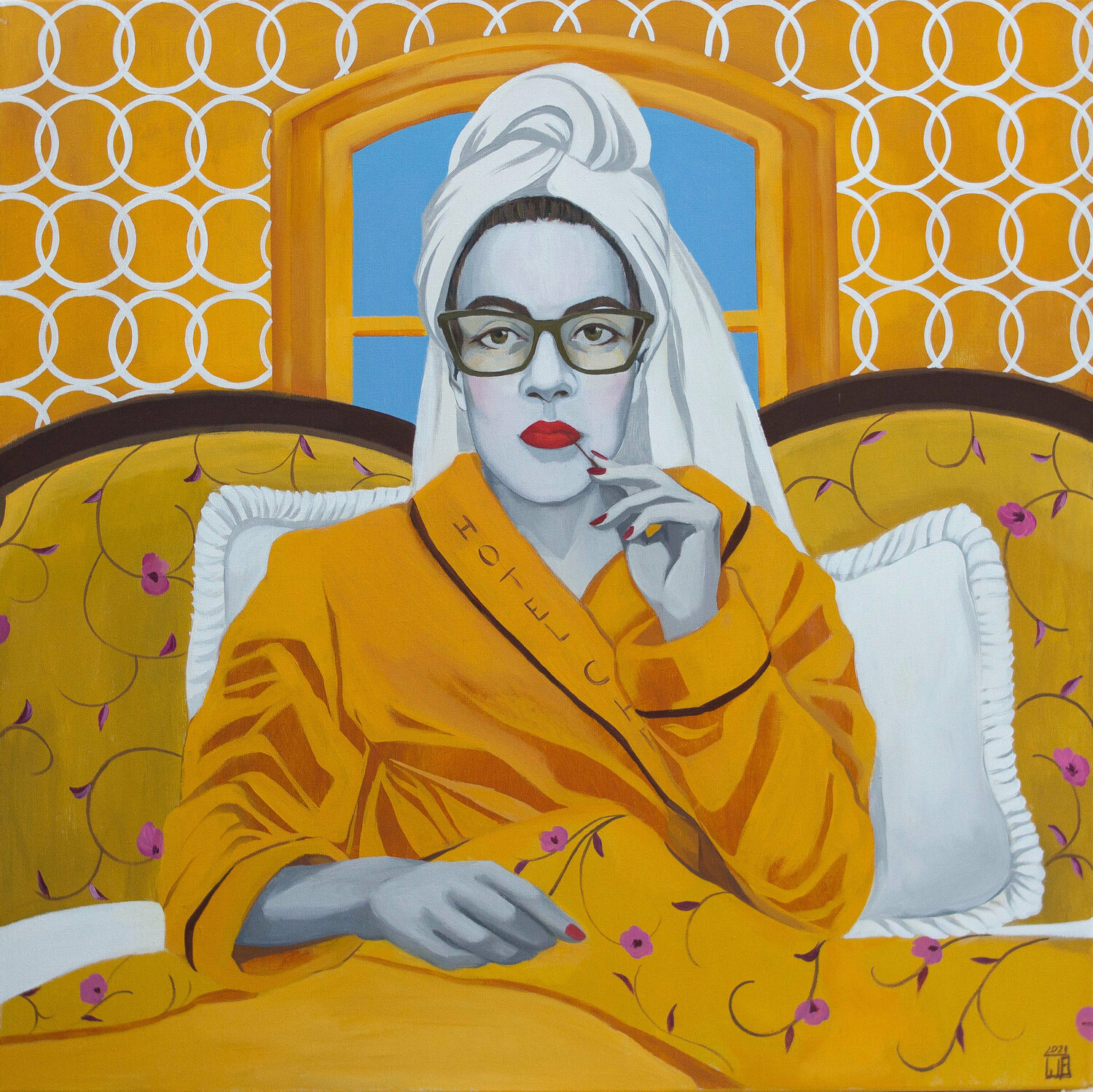 Chevalier Hotel - oil on canvas, yellow bright, ofice art, yellow interior by Katya Schepina ...