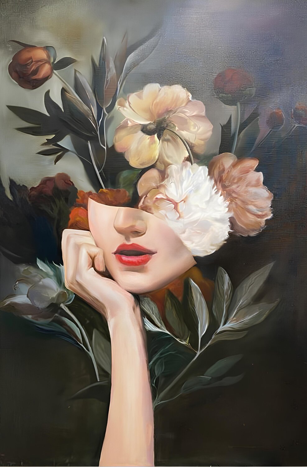 120x80 cm - Garden of Thoughts - Floral Art Botanical Artwork Contemporary Portrait Woman With ...