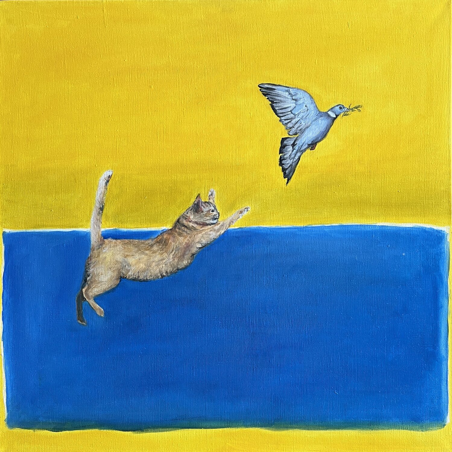Modern Minimalist Cat & Bird Oil Painting – Abstract Motion Art - Rothko-Inspired Minimalist ...