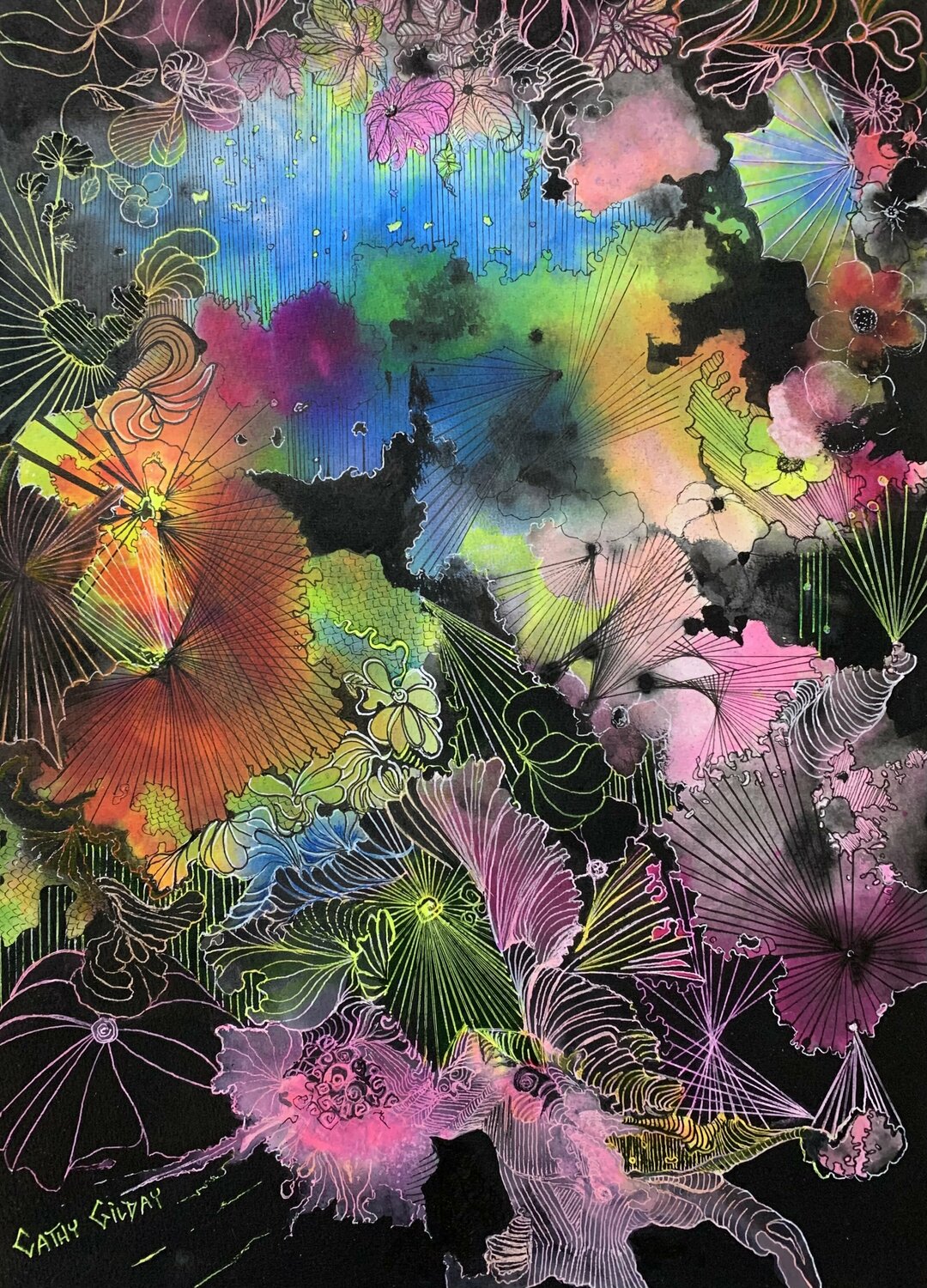 Neon Blooms by Cathy Gilday (2021) : Drawing Pen, Felt on Paper - Singulart