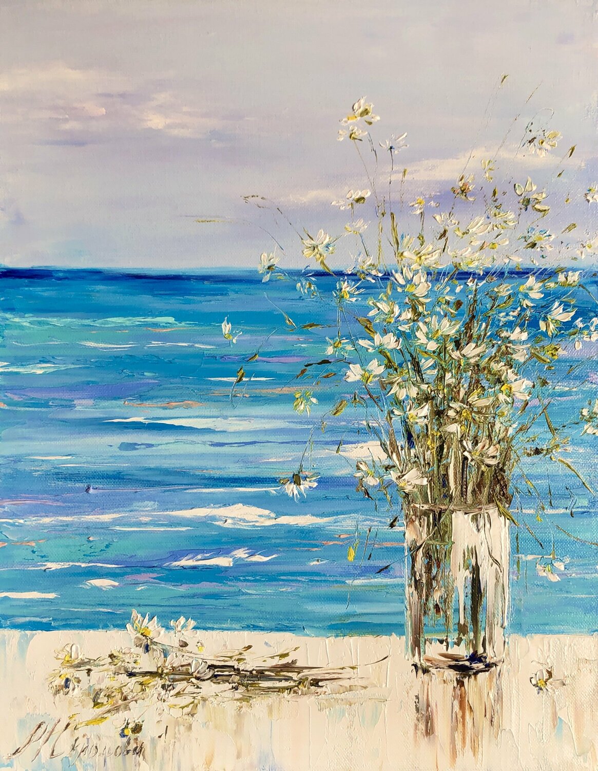 SEA VIEW - A sunny still life with marine motifs. A beautiful bouquet ...