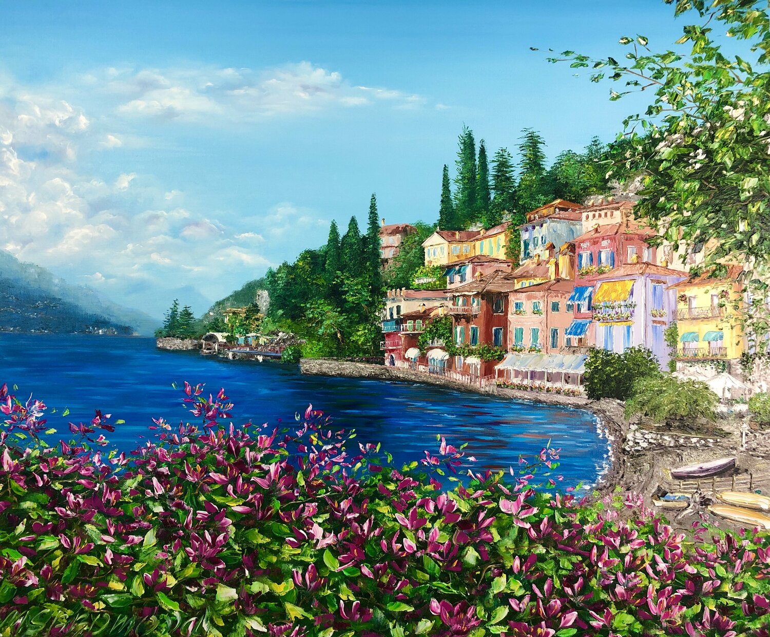 SUNNY BEACH ITALY - Painting Italian riviera coast. Cozy village on the ...