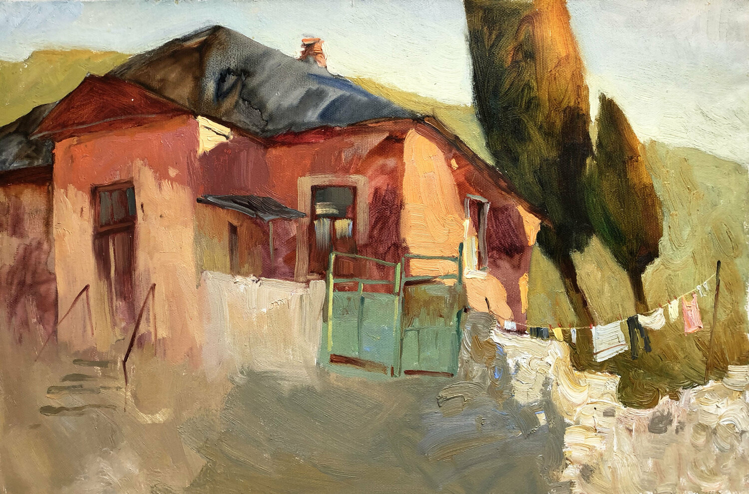 House with green gates by Nadia Boldina (2020) : Painting Oil on Canvas ...