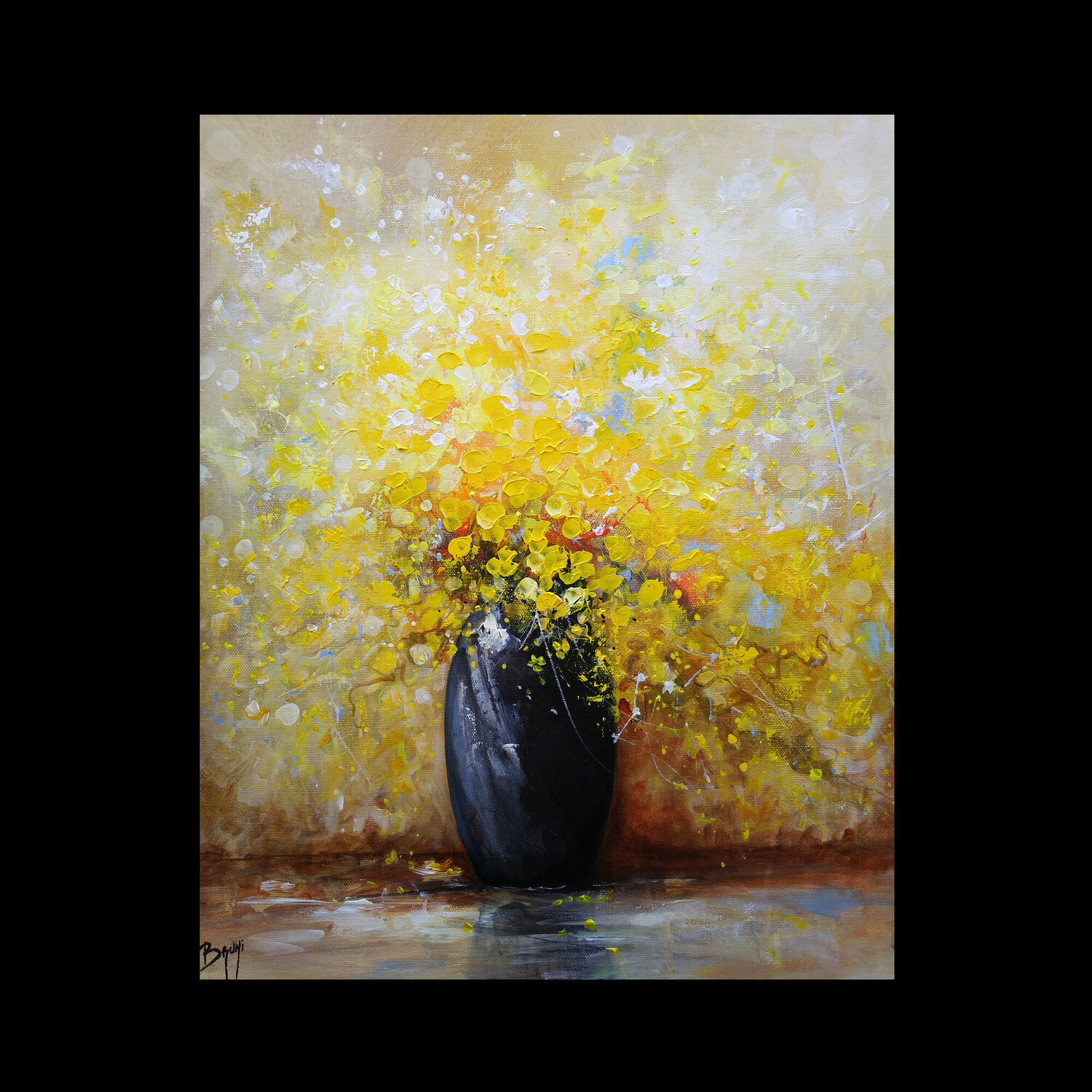 Bouquet de fleurs jaunes au vase noir de Eric Bruni (2022) : Peinture ...