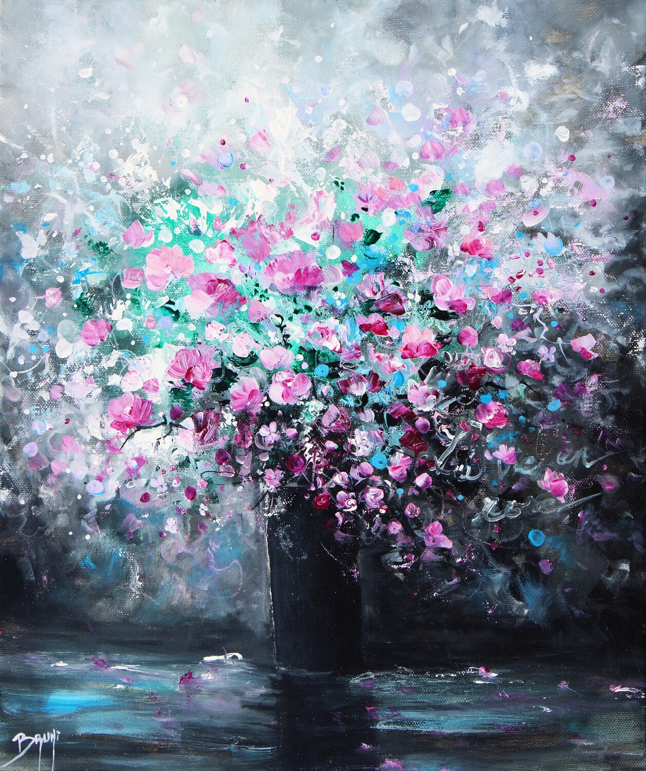Roses au vase noir de Eric Bruni (2021) : Peinture Acrylique, Huile sur ...