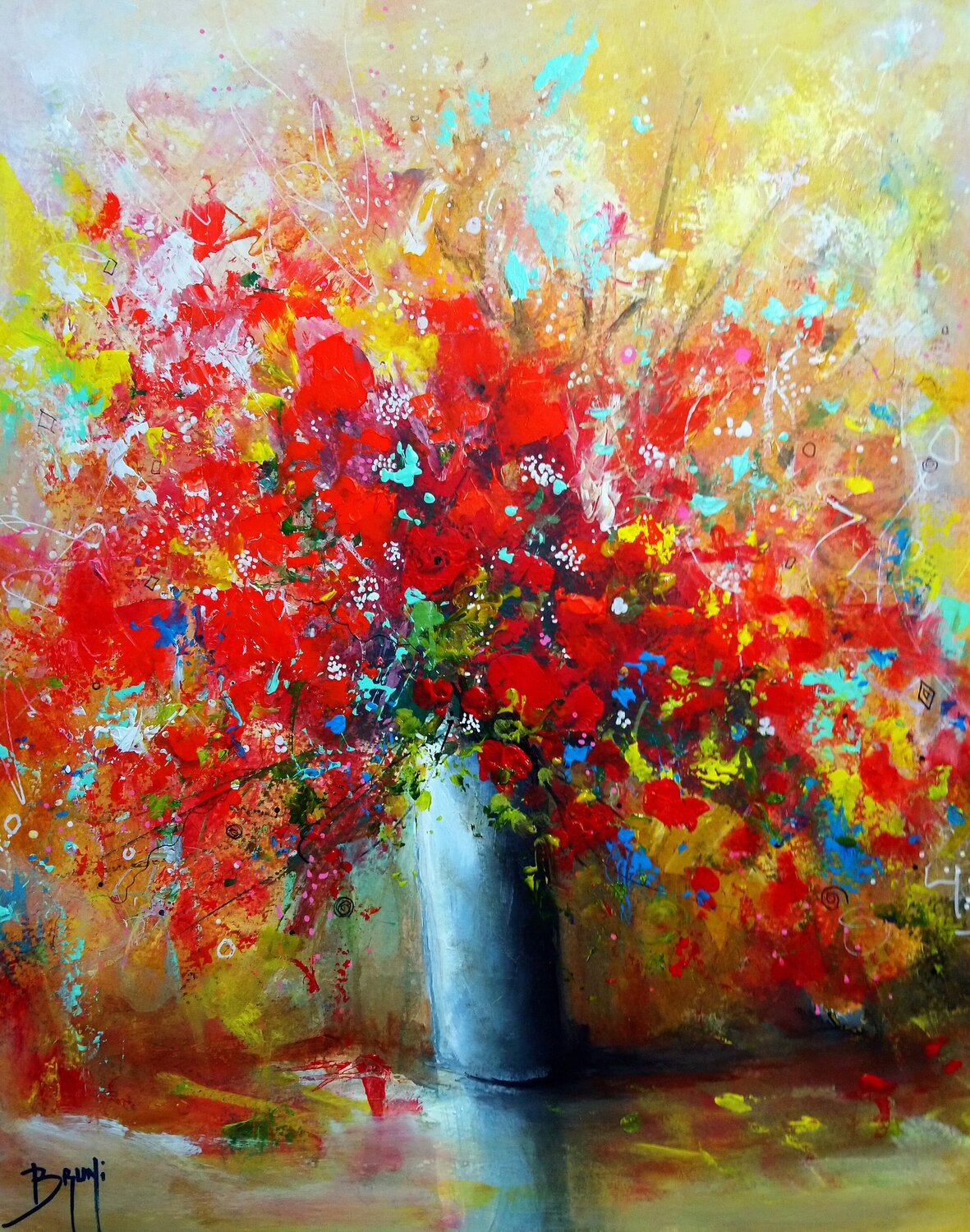 Bouquet de fleurs rouges by Eric Bruni (2022) : Work on Paper Acrylic ...