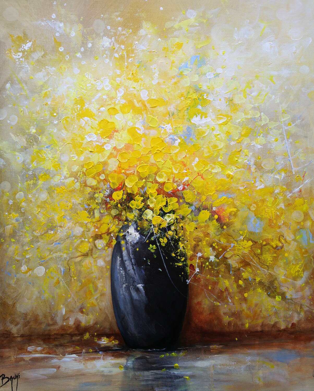 Bouquet de fleurs jaunes au vase noir de Eric Bruni (2022) : Peinture ...