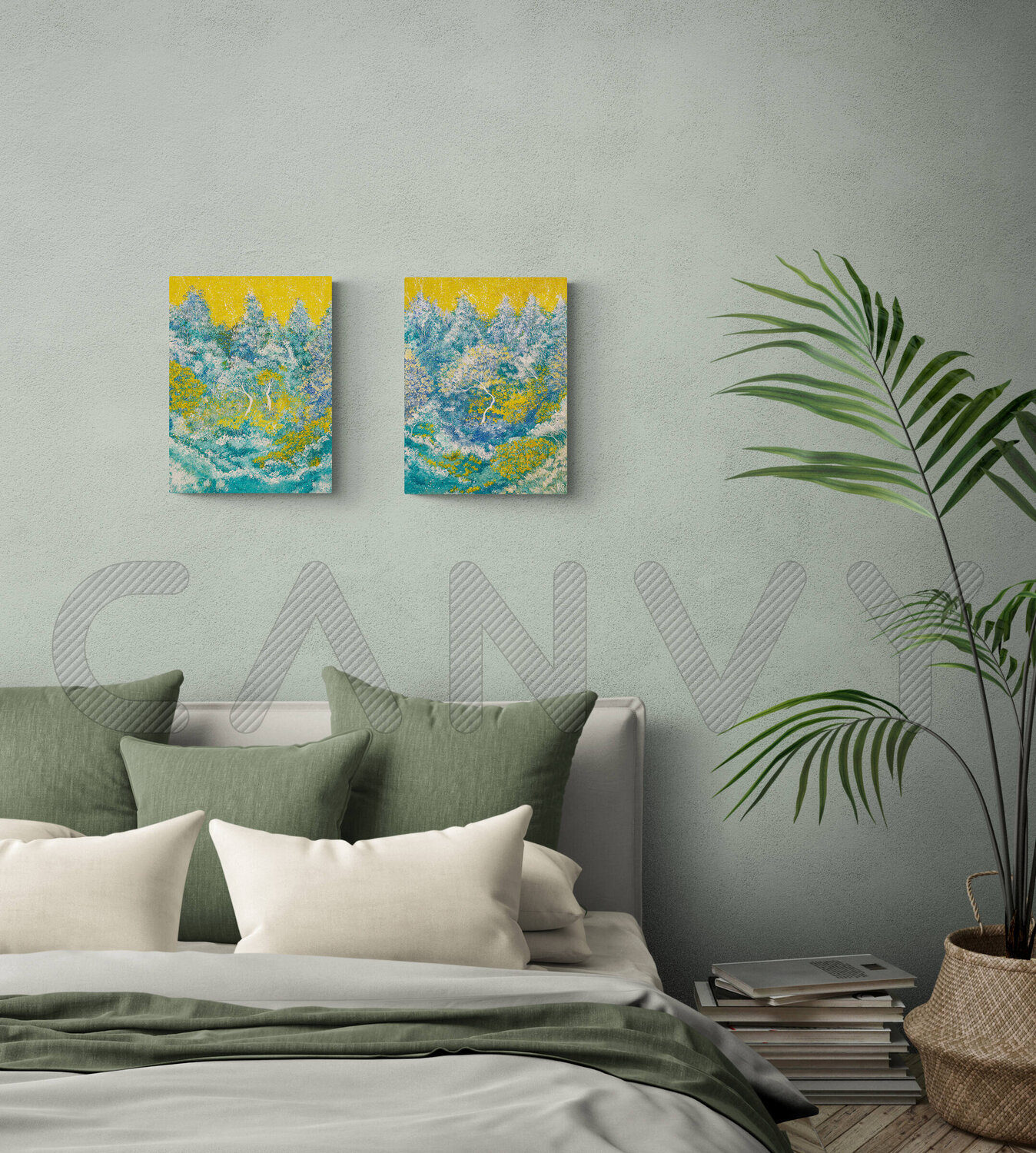 LIFE TREE - abstract landscape, yellow blossom, emerald green garden ...