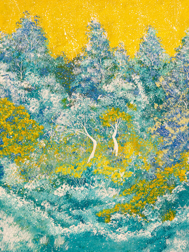 LIFE TREE - abstract landscape, yellow blossom, emerald green garden ...