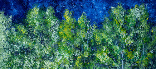 LIFE TREE - abstract landscape, yellow blossom, emerald green garden ...
