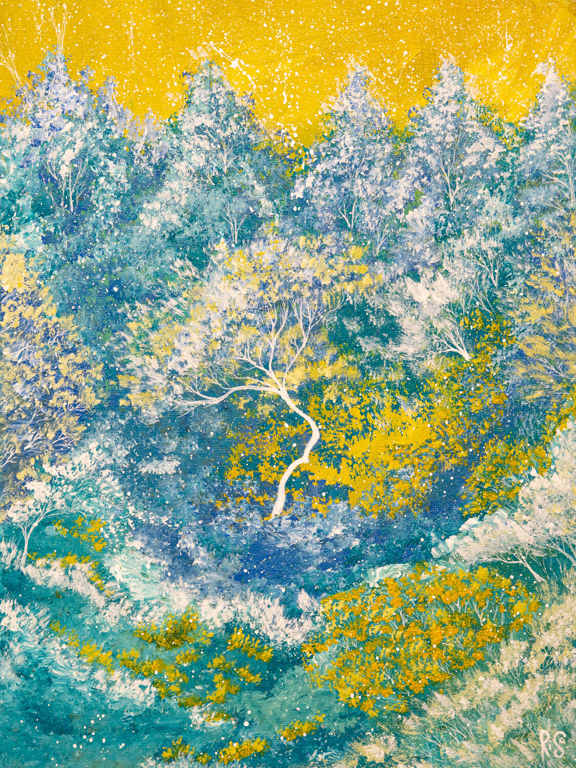 LIFE TREE - abstract landscape, yellow blossom, emerald green garden ...