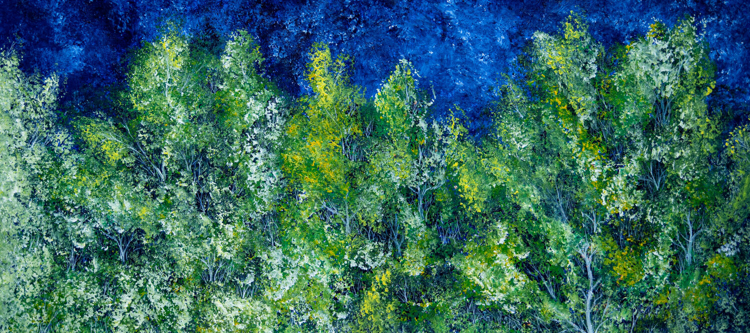 BEFORE THE STORM - abstract forest, green trees, navy sky, long ...