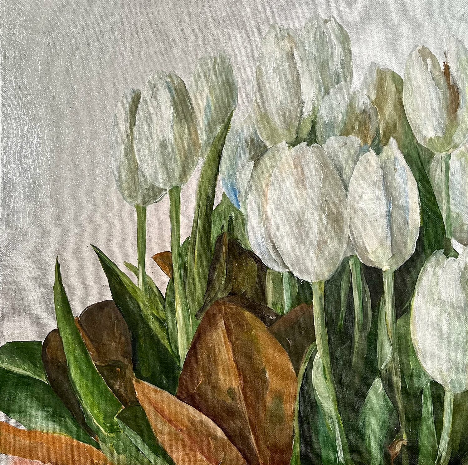 Oil painting White tulips with silver background by Diana Timchenko ...